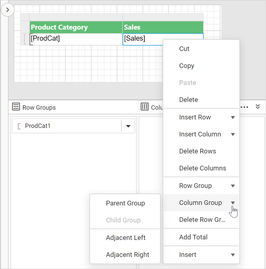Insert or Delete a Column Group | Report Designer Blazor