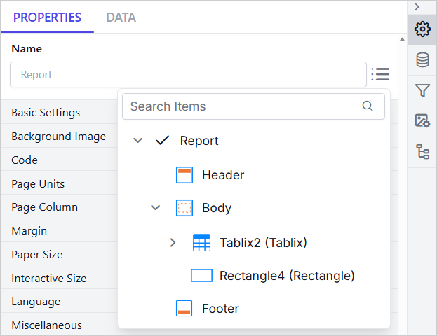 Property Navigator | Web Report Designer | Bold Reports